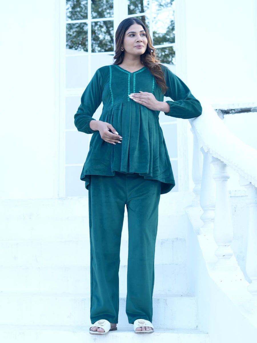 Dark Green Velvet Maternity Feeding Night Suit – Aujjessa